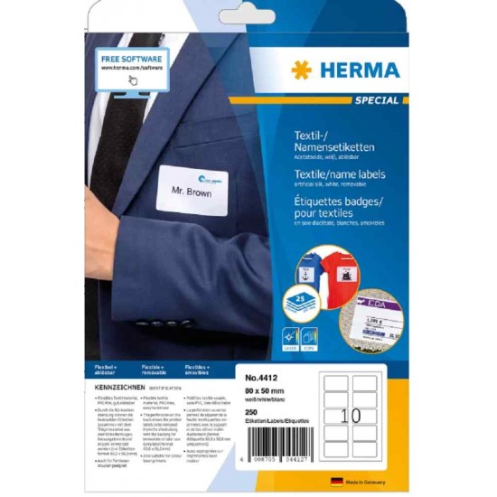 Herma Name/Textile Removable White Label A4 25'S (80 x 50mm)